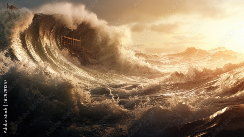 massive wave crashing onto the shore during a tsunami, illustrating the ...