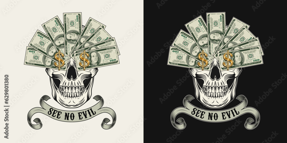 Label with skull, money, fan of 100 dollar bills, dollar sign, vintage ...