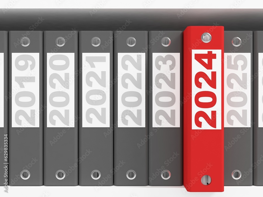 Office folders on the shelves. New Year 2024 concept. 3d rendering ...