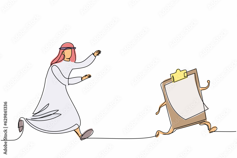 Single continuous line drawing Arab businessman chasing clipboard ...