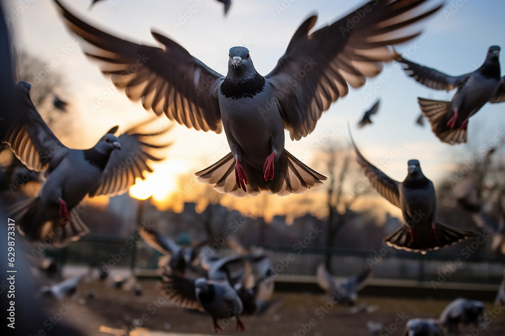 Swarm of city pigeons taking flight from a crowded urban park, fast ...