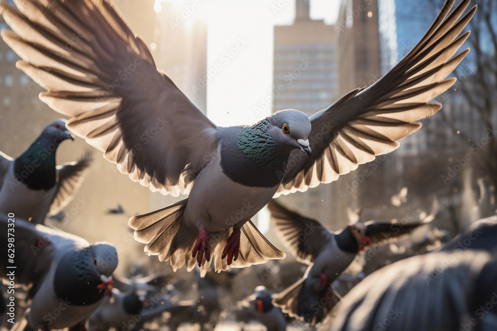 Swarm of city pigeons taking flight from a crowded urban park, fast shutter speed, motion blur ...