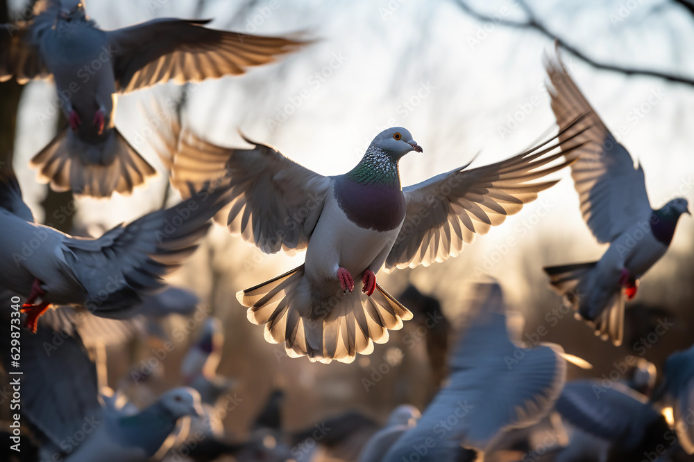Swarm of city pigeons taking flight from a crowded urban park, fast ...