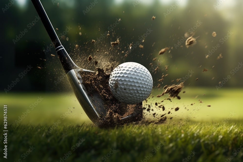 a close-up of a golf club hitting a golf ball at the moment of impact ...