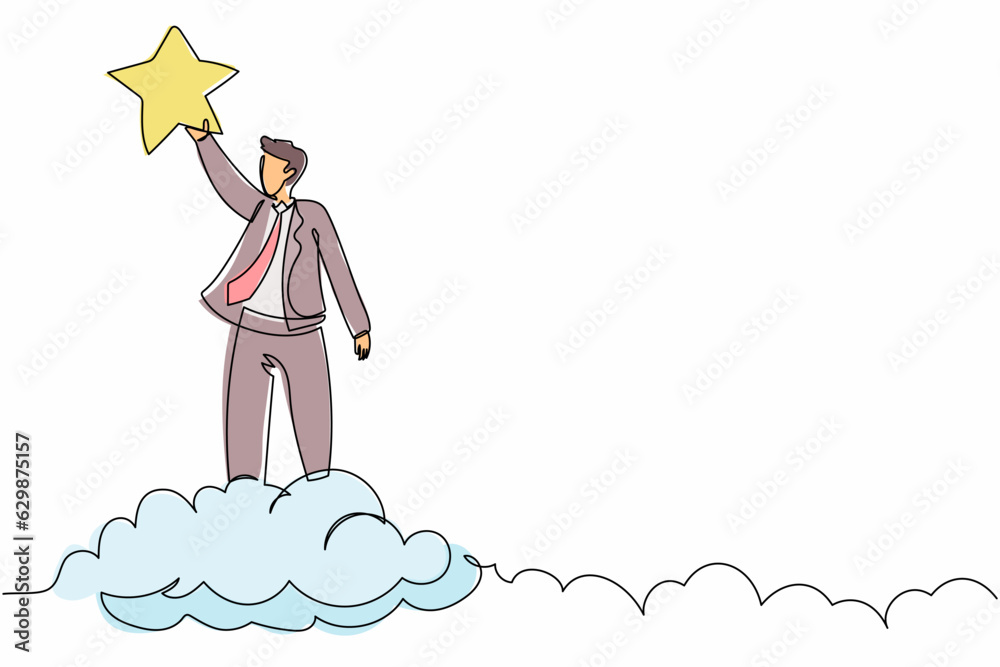 Single continuous line drawing success businessman reaching precious ...