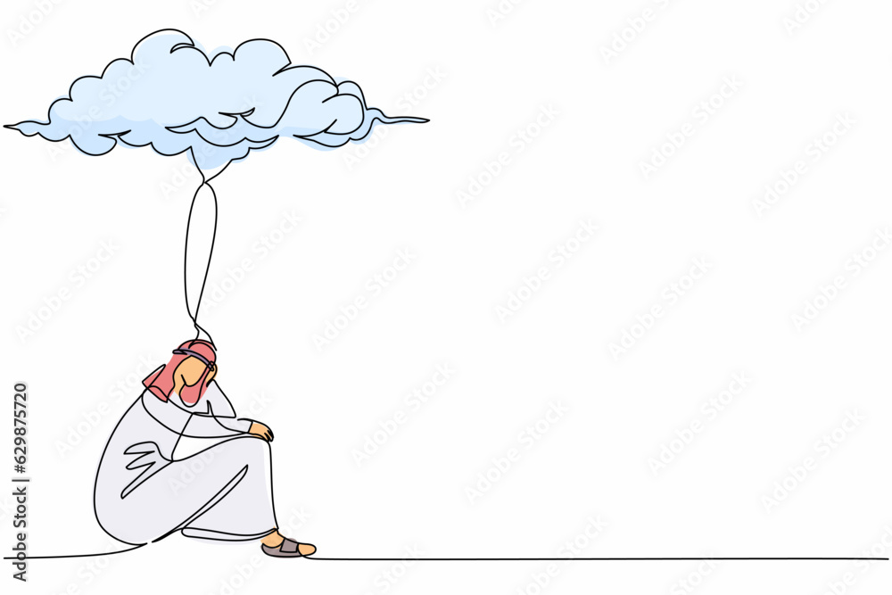 Continuous one line drawing depressed Arabian businessman feeling ...