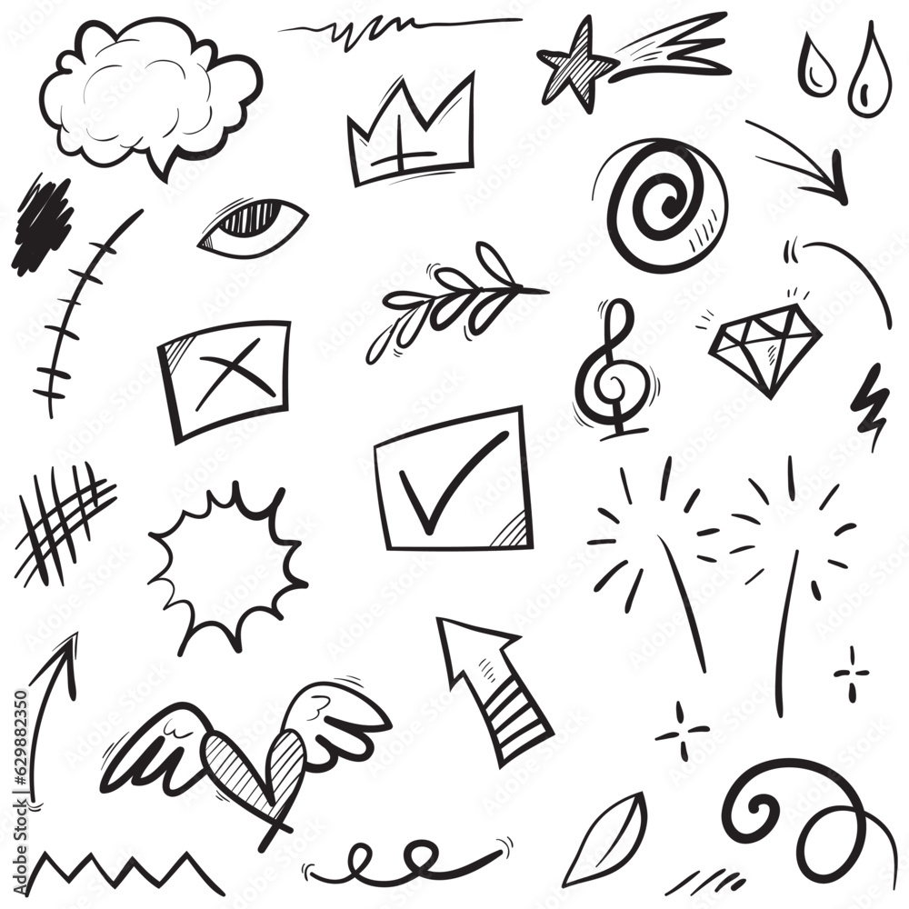 Vector set of hand-drawn cartoony expression sign doodle, curve ...