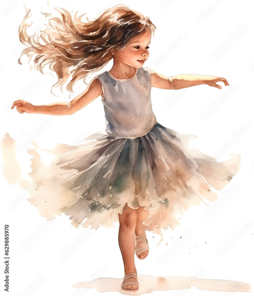 Cute dancing girl illustration. Little Girl watercolor style clipart ...