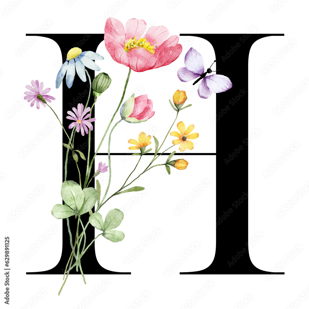 Floral alphabet, letter H with watercolor flowers and leaf. Monogram ...