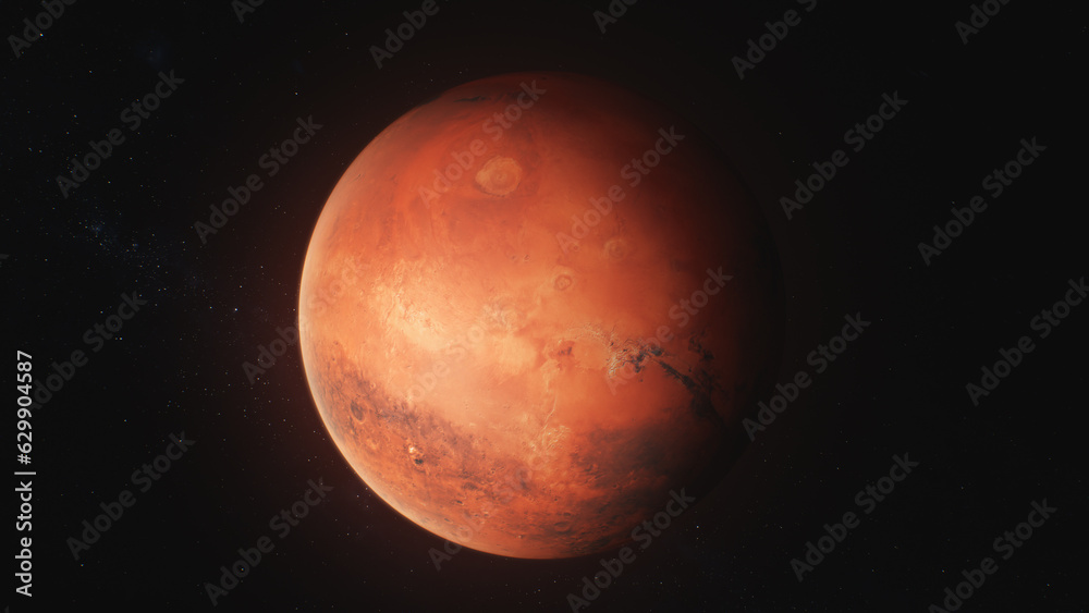 Realistic 3D animation of Mars rotating in dark outer space. Stars ...