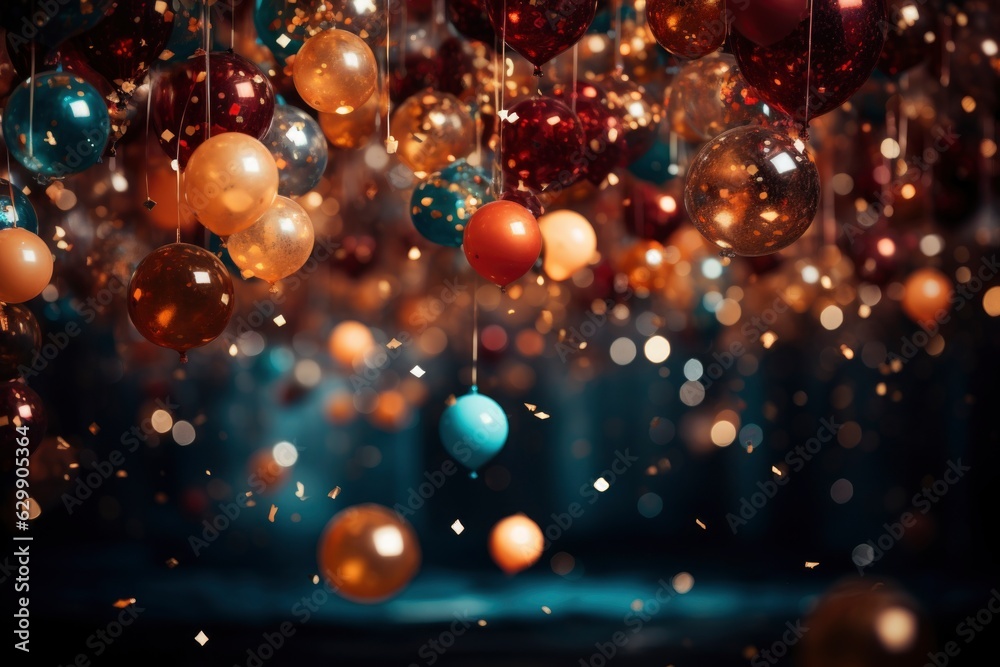 Party Background with lights, confetti, balloons and serpentine Stock ...