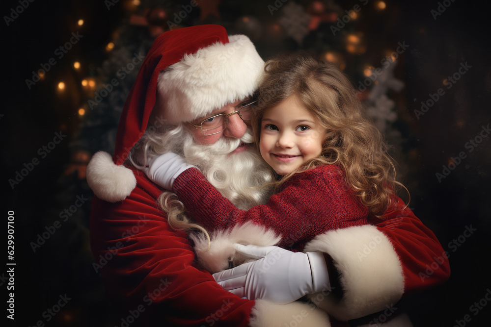 Cute little girl hugging Santa Claus Stock Photo | Adobe Stock