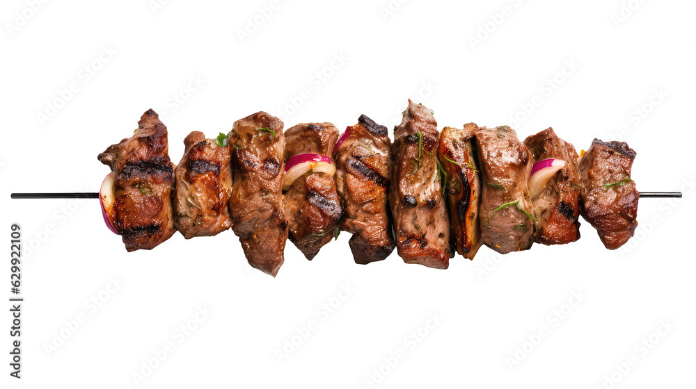 One little kebab on a wooden stick with meat and vegetables. Shish ...