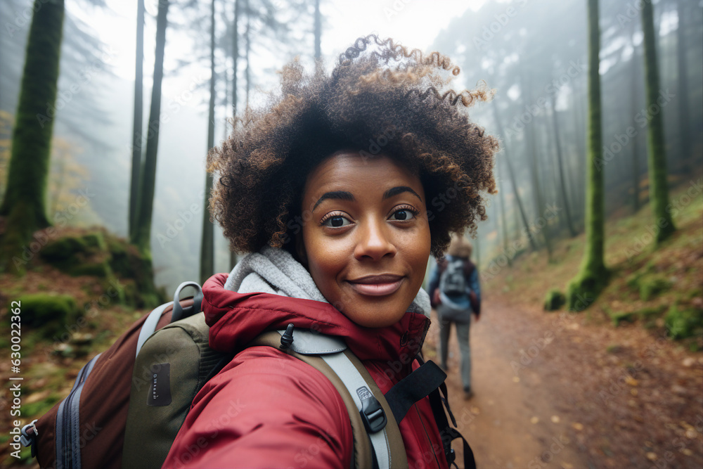 Generative AI picture image of wanderer girl in tourist gear enjoying ...