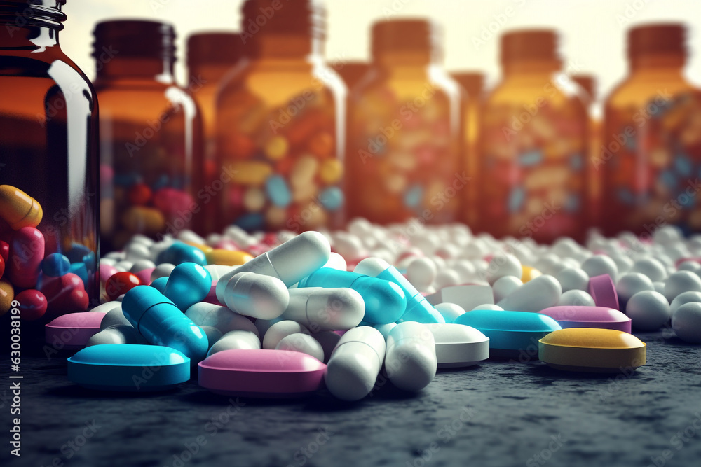 Prescription opioids with many bottles of pills in the background ...