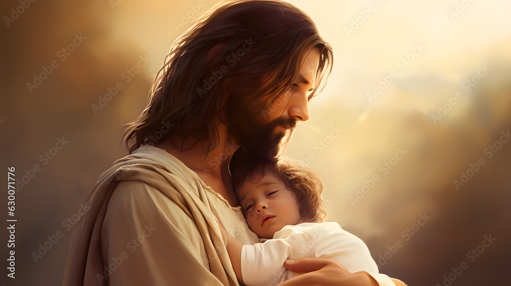 Jesus and child, biblical illustration. Jesus with baby in the hands of ...