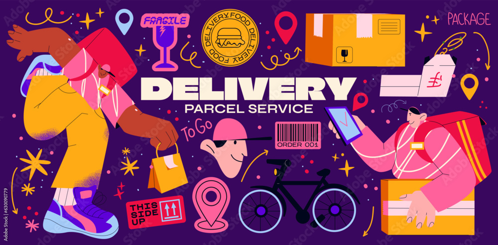 Cartoon stickets,characters fast delivery service. Couriers deliveries ...