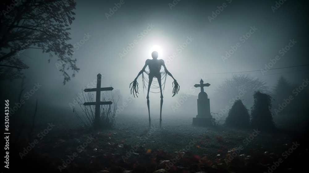 A haunting Halloween illustration depicts a spooky skeleton lurking ...