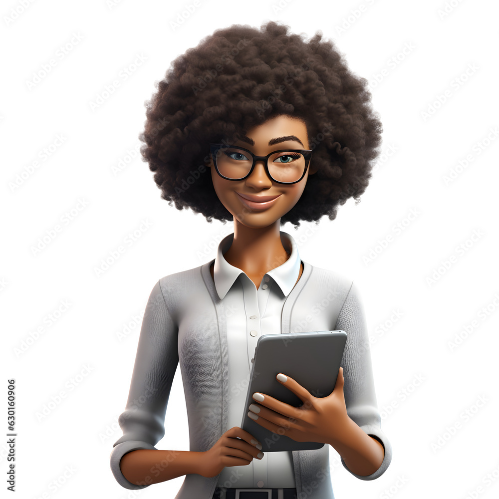 3D cartoon character happy smiling black young woman holding tablet ...