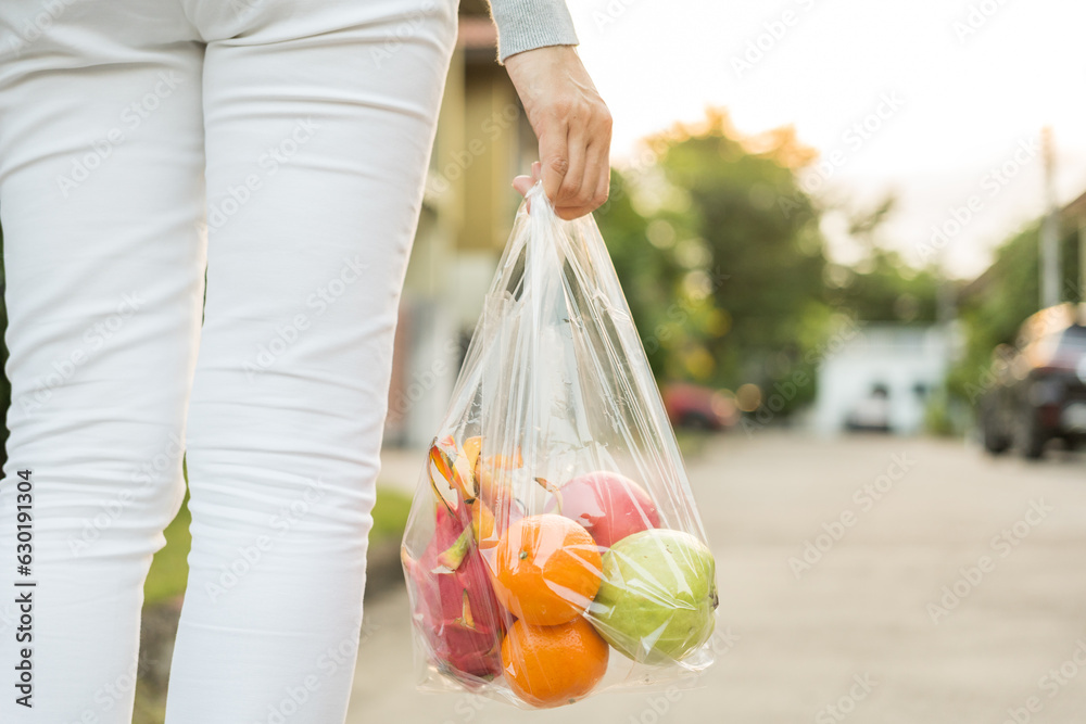 Woman hands carry in a plastic bag fruits on the way home. Hands ...