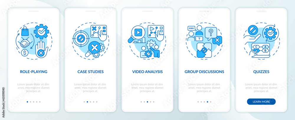 Objection handling training blue onboarding mobile app screen. Sales closing walkthrough 5 steps ...