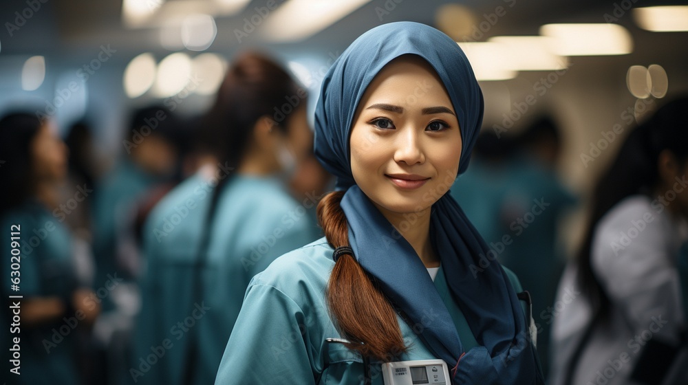 Standing inside the hospital, the medical staff crossed their arms ...