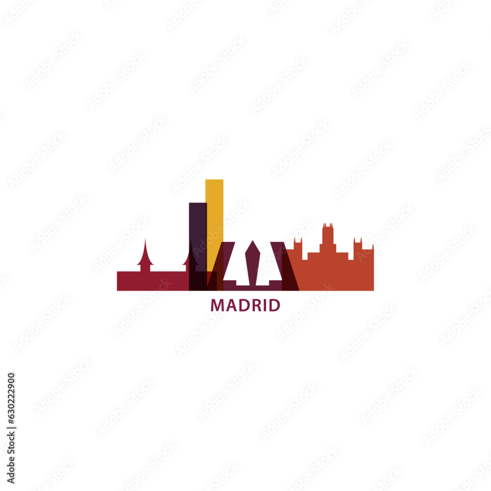 Madrid cityscape, skyline, panoramic vector flat logo, icon. Spain city ...