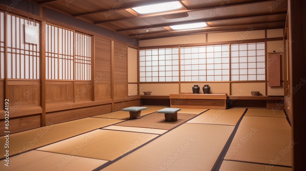 Spacious room for martial arts practicing. Traditional interior for ...