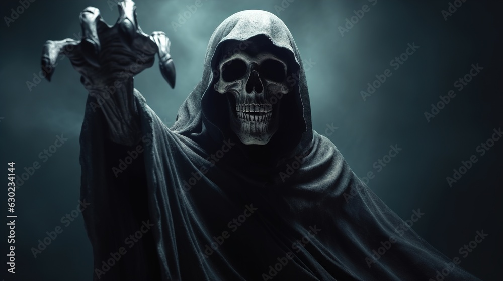 Halloween. Grim reaper reaching towards the camera over dark background ...