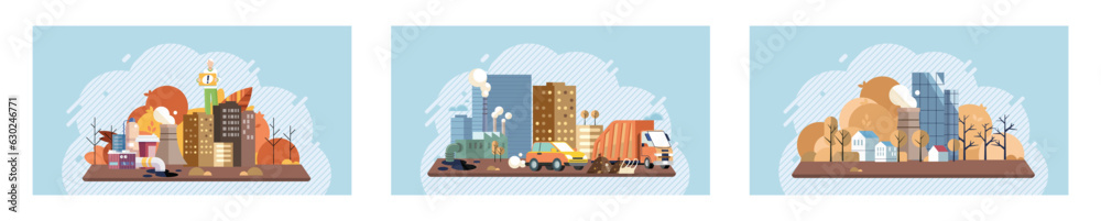 Climate change and global warming metaphor. Waste pollution set ...