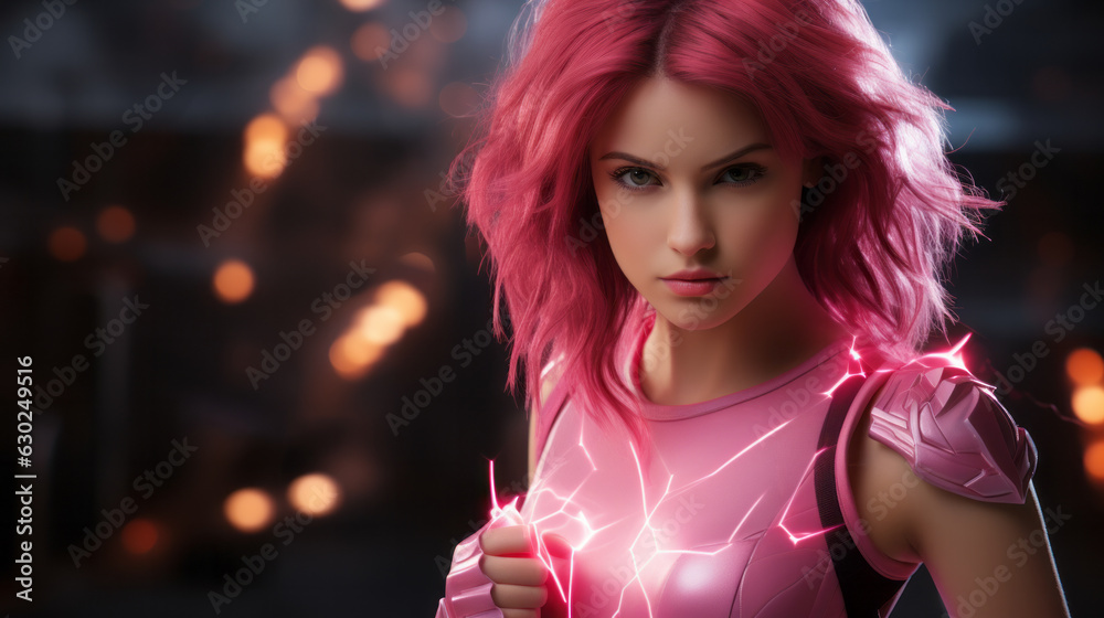 Super cute young superheroine with short pink hair wearing superhero ...