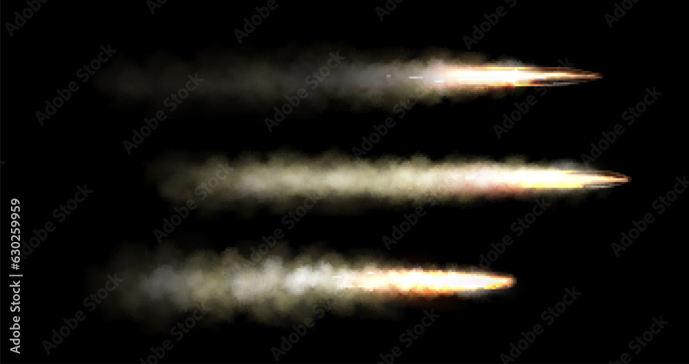 Realistic set of flying bullets with smoke trace isolated on black ...