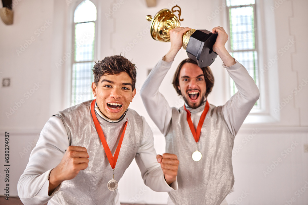 Sports, fencing and portrait of men with trophy for winning competition ...