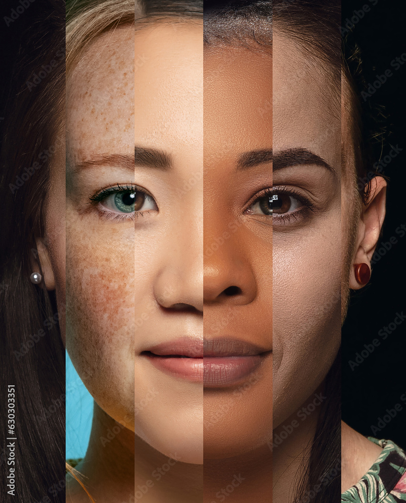 Human face made from different portrait of men and women of diverse age ...