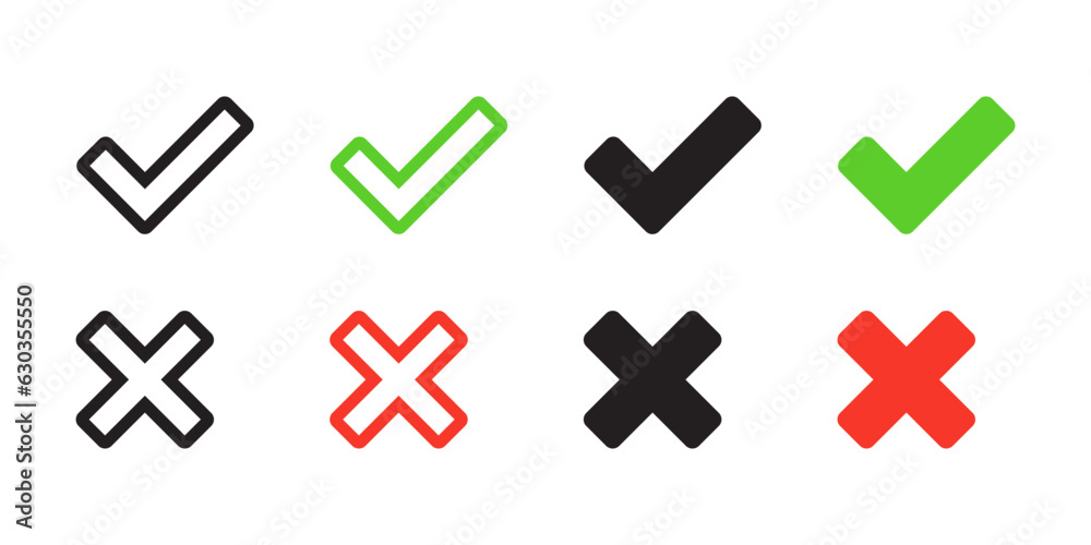 Approved and rejected icon vector. Checkmark and x cross mark symbol in several variations Stock ...