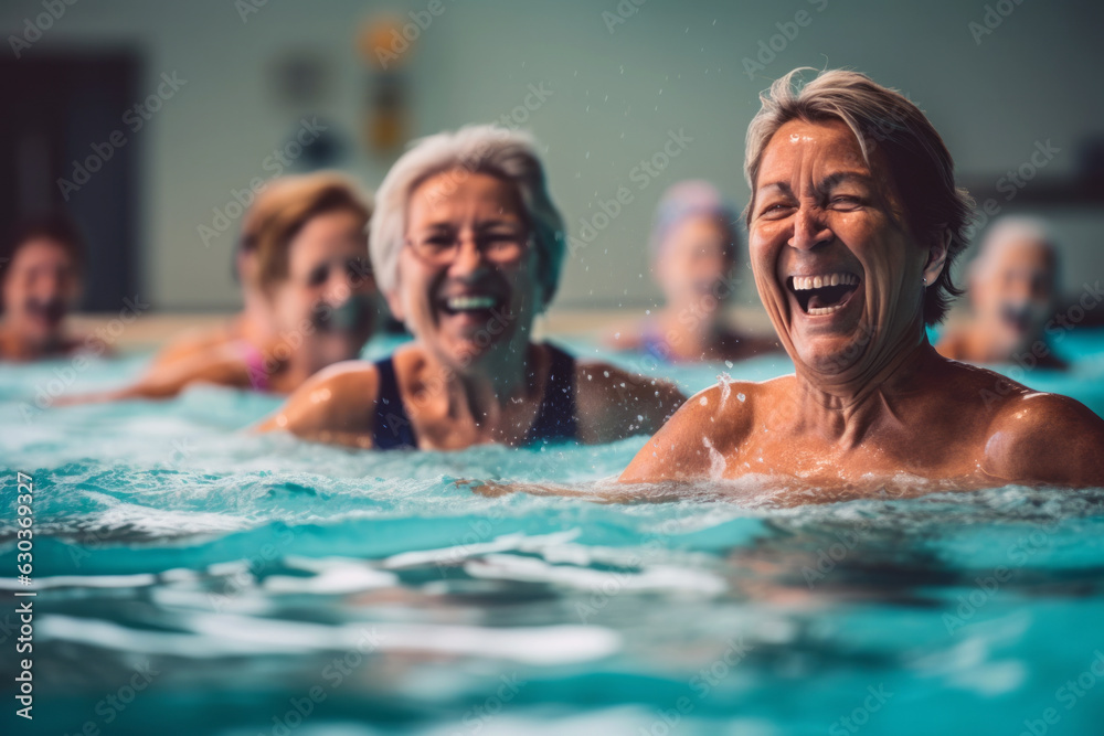 Active senior women enjoying aqua fit class in a pool, displaying joy ...