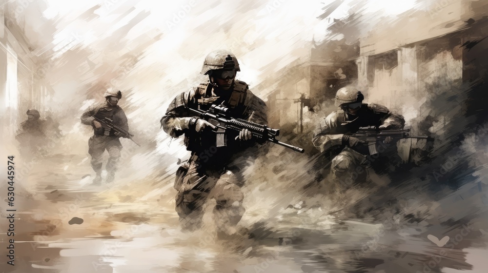 Combat infantry attack the enemy. Fully equipped soldiers of war run ...