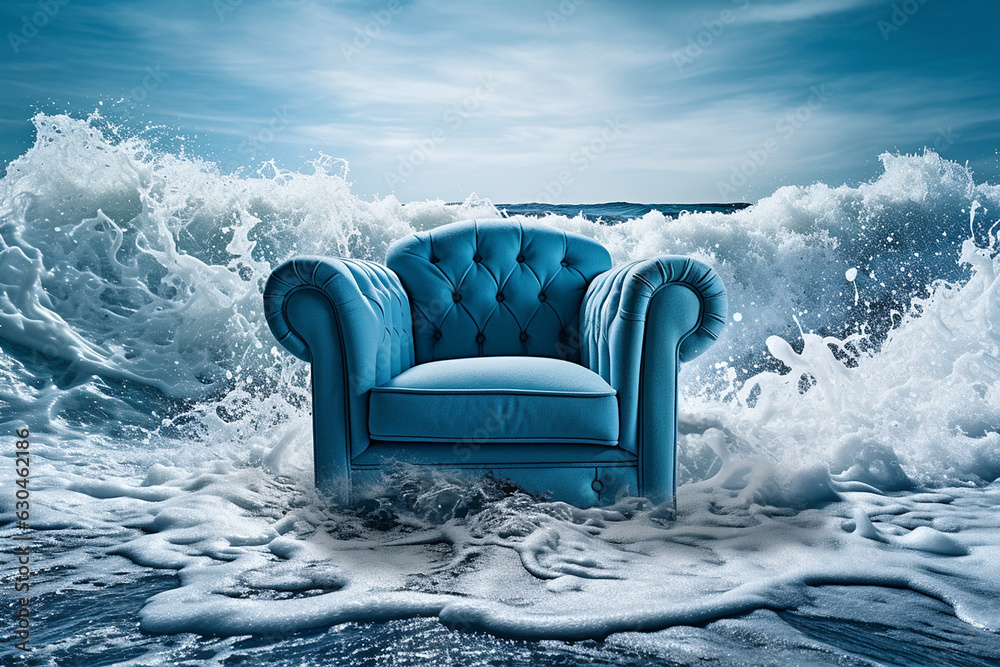 The waves are coming. Water falls on an armchair standing still on the ...