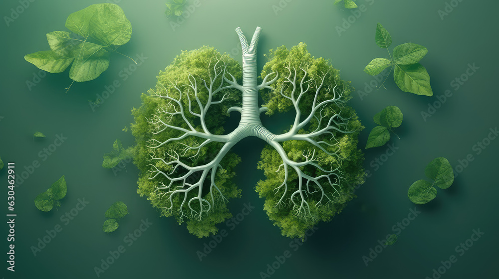 Human lungs made of green leaves on green background with copy space ...