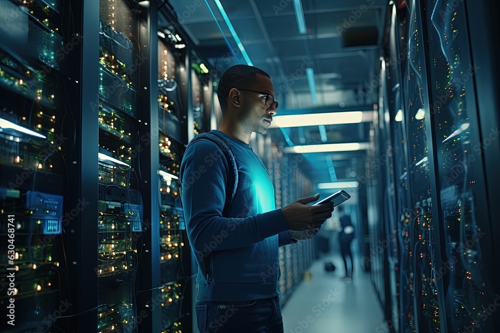 Big data center male chief technology officer using tablet PC. Standing ...