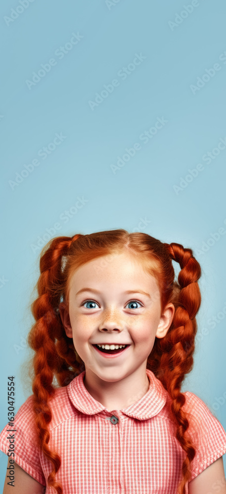 Smiling small ginger red curly hair girl with freckles. She looks cute ... Smiling small ginger red curly hair girl with freckles. She looks cute ...