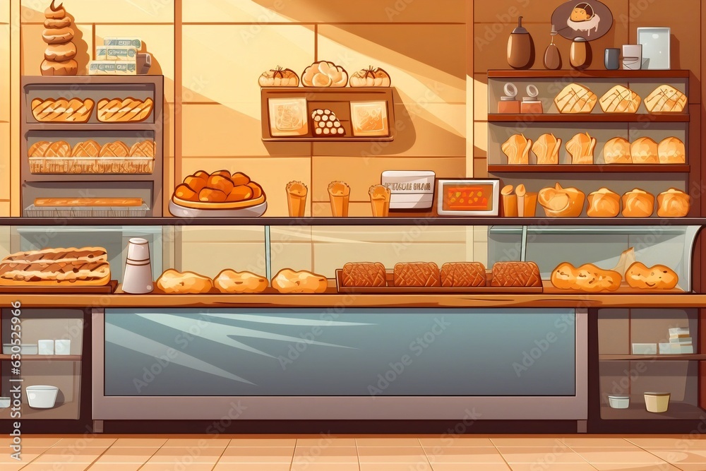 Generative AI : Bakery shop: Showcases with bread, buns and cakes ...