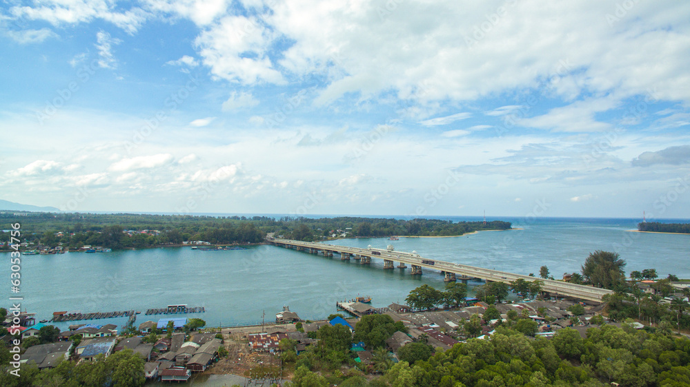 .Aerial view beautiful Sarasin bridge on the blue sea..Sarasin bridge ...