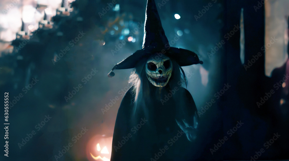 A scary skeleton skull face wearing witch hat and dress standing in the ...