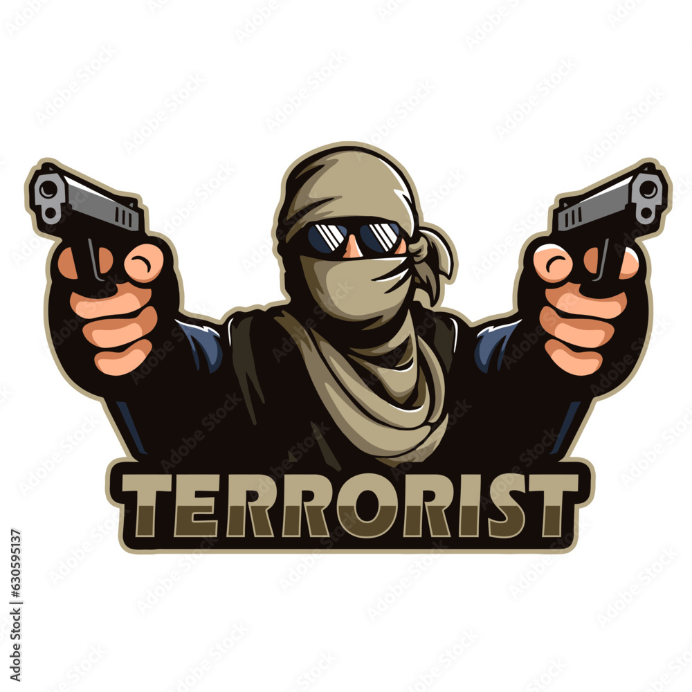 masked terrorist holds pistols in both hands, vector, logo, cartoon, mascot, character ...
