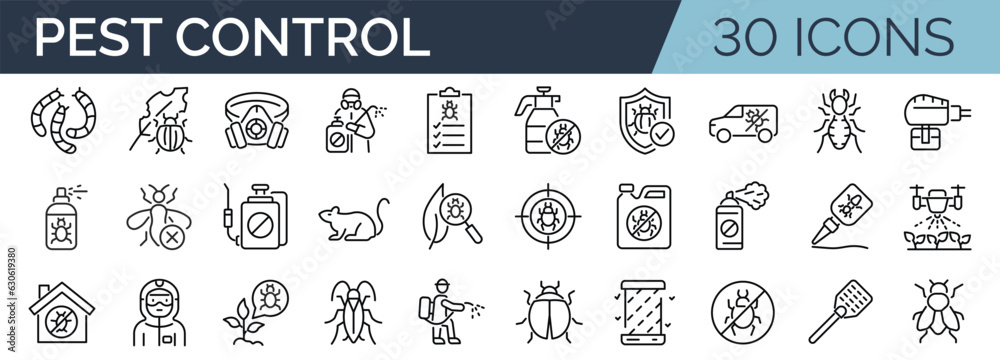 Set of 30 outline icons related to pest control, bugs, insects. Linear ...