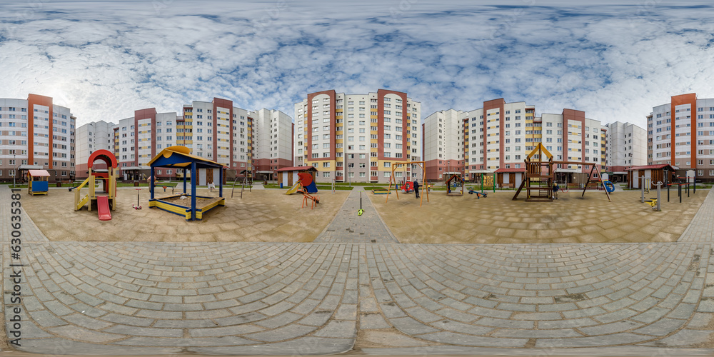 360 hdri panorama near playground in middle of modern multi-storey ...