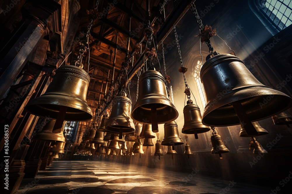 bell tower bells in motion as they chime, symbolizing the passing of ...