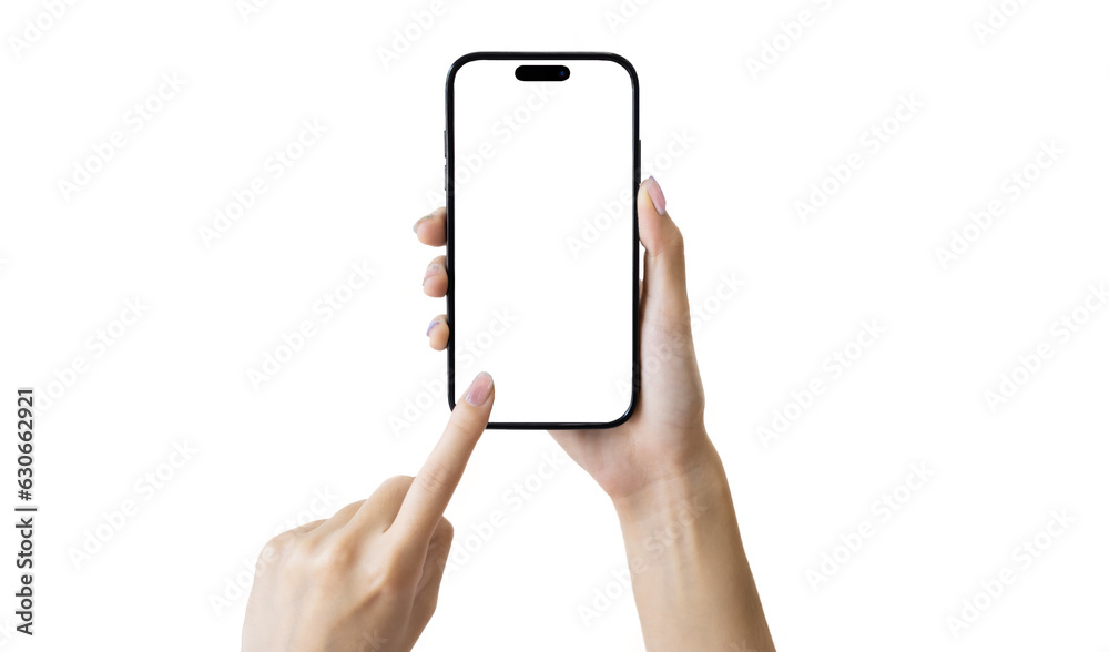 Hand holding smartphone and finger pointing on blank screen isolated on ...