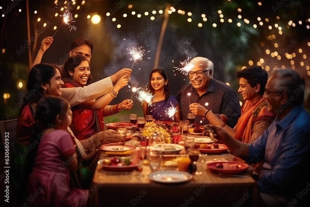 Indian Hindu family gathered together celebrating Diwali in their ...